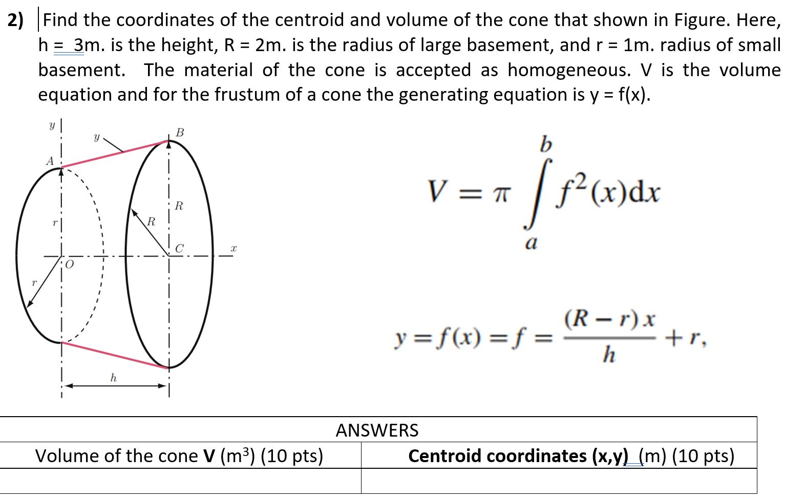 Solved 2) Find the coordinates of the centroid and volume of | Chegg.com