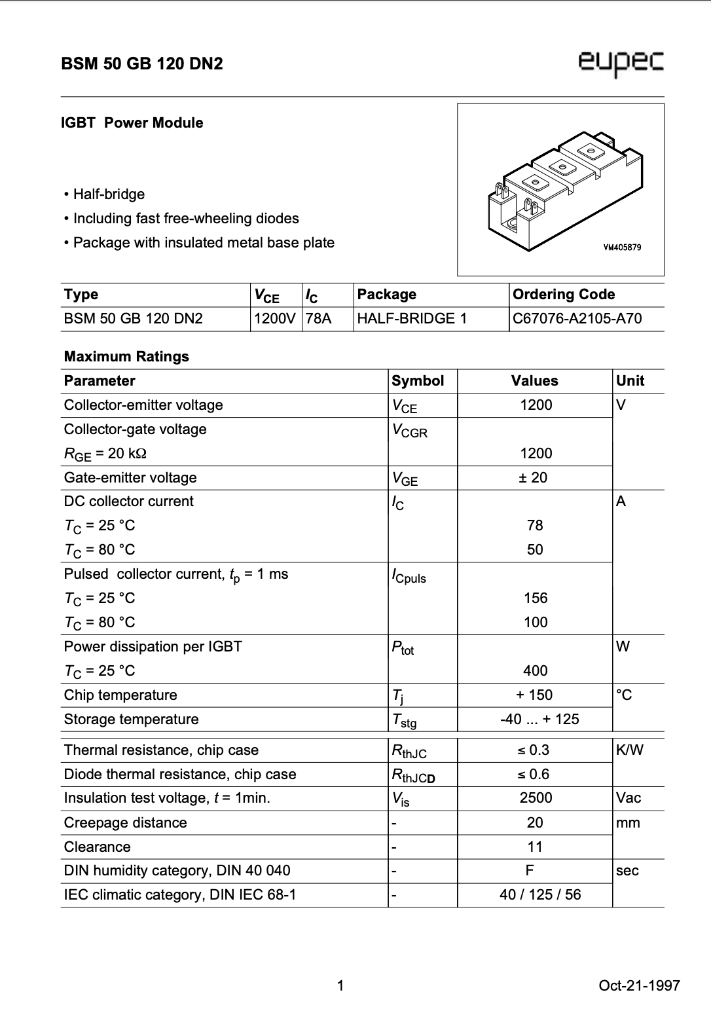 Solved IGBT Model (BSM 50 GB 120 DN2) What the pins names | Chegg.com