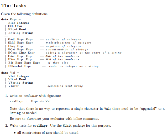 Solved The Tasks Given the following definitions data Expr = | Chegg.com