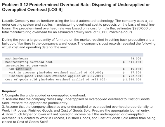 Solved Problem 3-12 Predetermined Overhead Rate; Disposing | Chegg.com