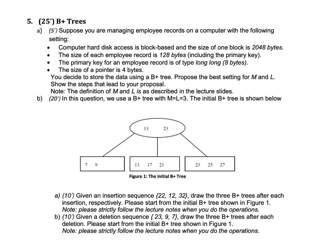 Solved . 5. (25') B+ Trees a) (5') Suppose you are managing | Chegg.com