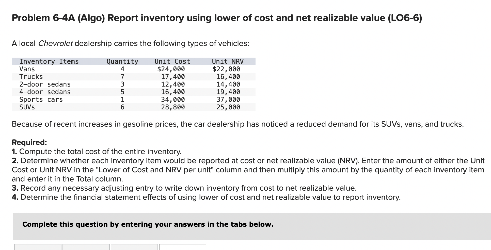 Solved Problem 6-4A (Algo) Report inventory using lower of | Chegg.com