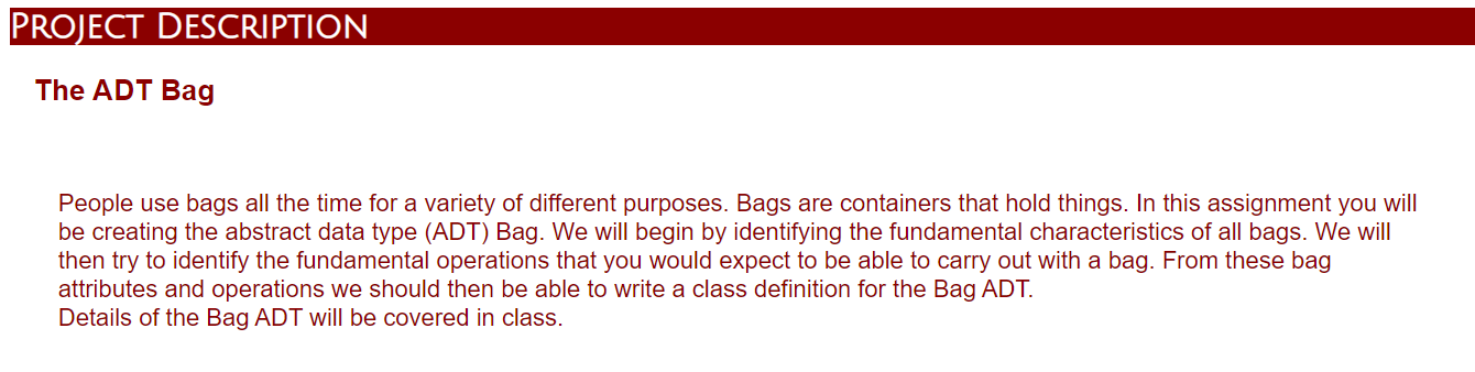 Solved PROJECT DESCRIPTION The ADT Bag People use bags all | Chegg.com