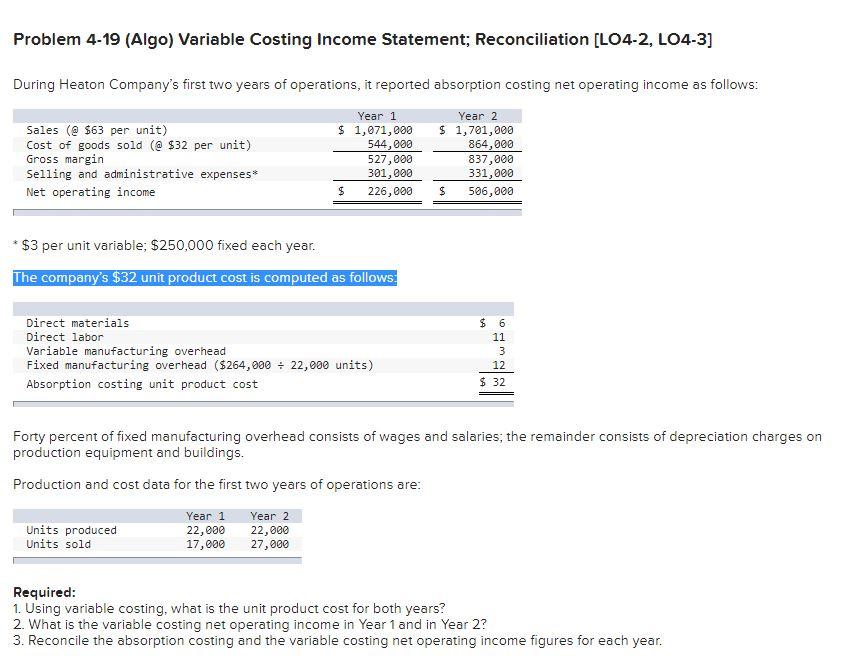 Solved Problem 4-19 (Algo) Variable Costing Income | Chegg.com