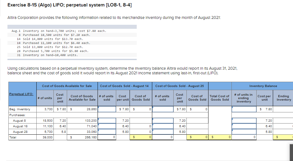 Solved Exercise 8-15 (Algo) LIFO; perpetual system (LO8-1, | Chegg.com