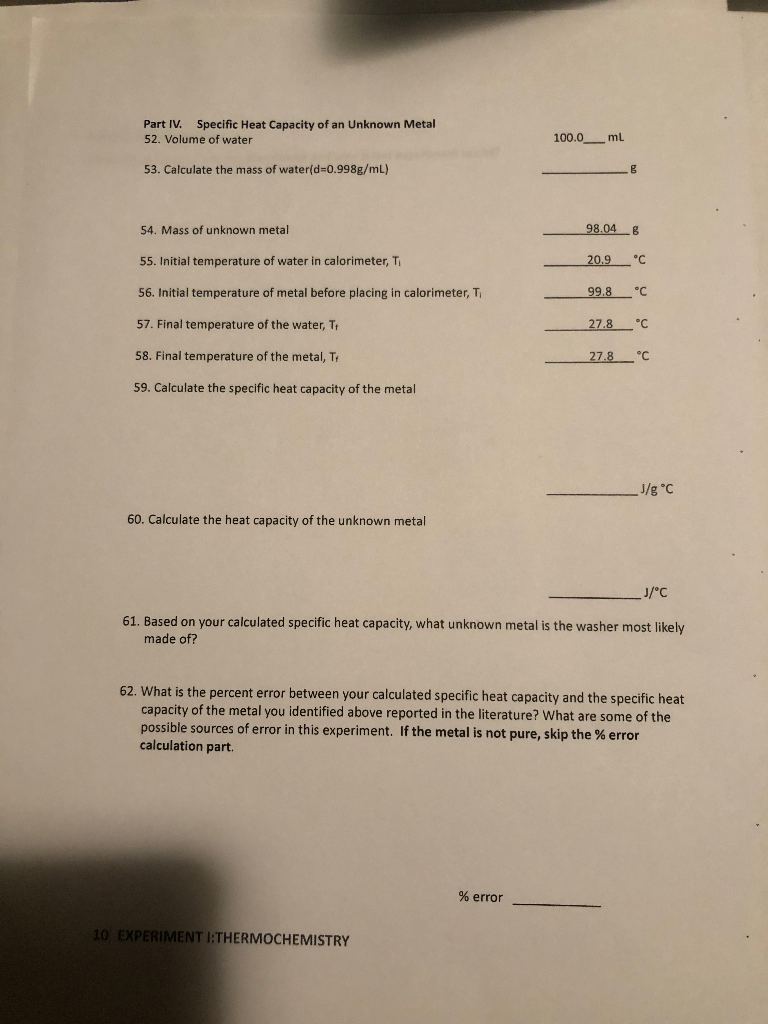 Solved Part IV. Specific Heat Capacity of an unknown Metal | Chegg.com