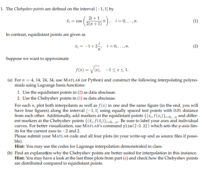 1. The Chebyshev points are defined on the interval | Chegg.com