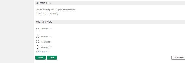 Solved Question 33 Add the following 8-bit unsigned binary | Chegg.com