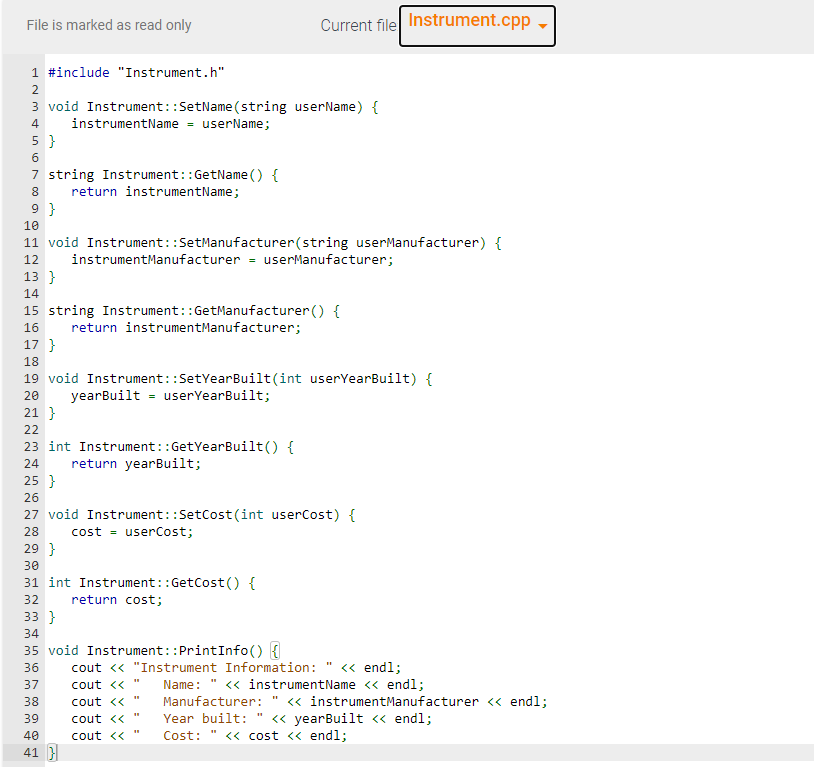 Solved 9.15 LAB: Instrument information Given main () and | Chegg.com