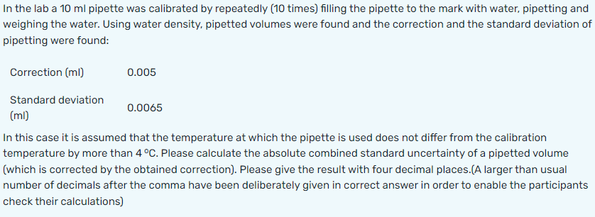 Solved In the lab a 10ml pipette was calibrated by | Chegg.com