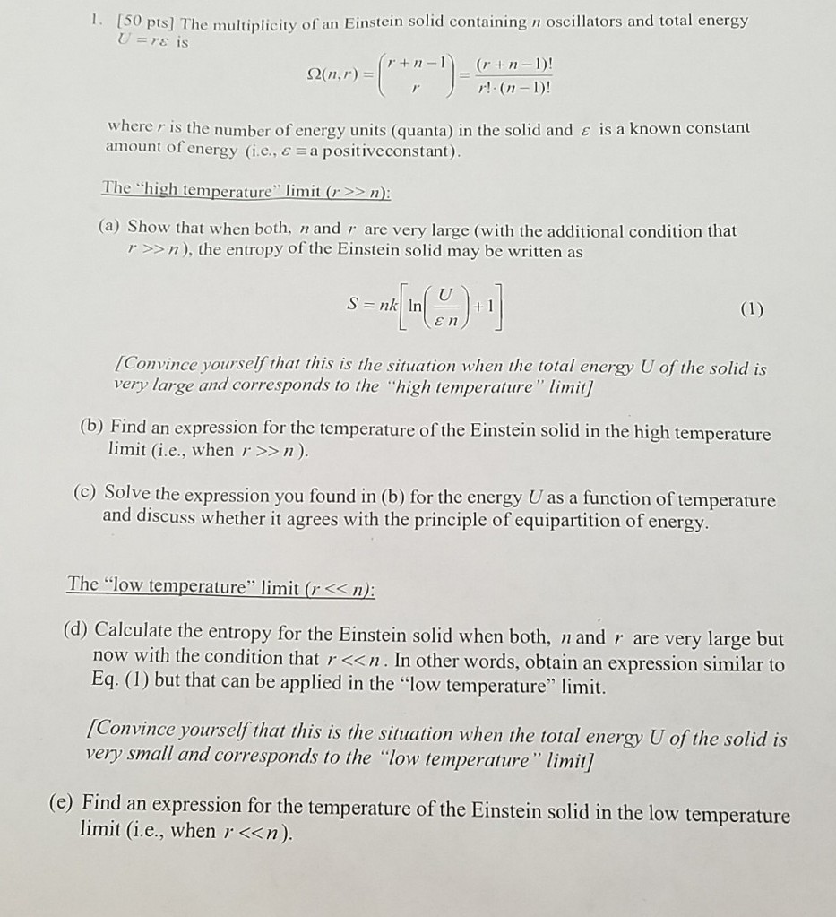 Solved . [S0 pts] The multiplicity of an Einstein solid | Chegg.com