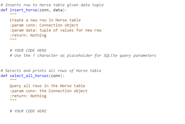 Solved Complete the Python program to create a Horse table, | Chegg.com