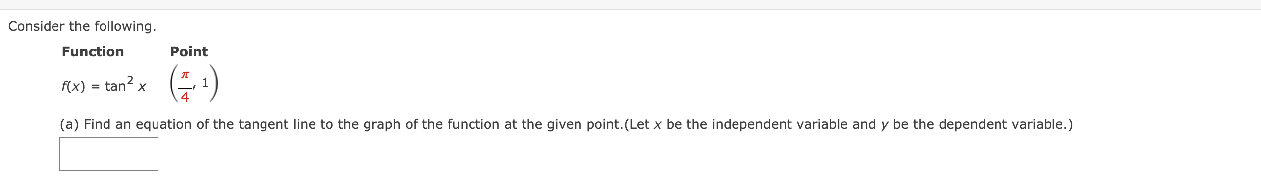 Solved Consider the following. Function Point f(x) = tan2 Х | Chegg.com