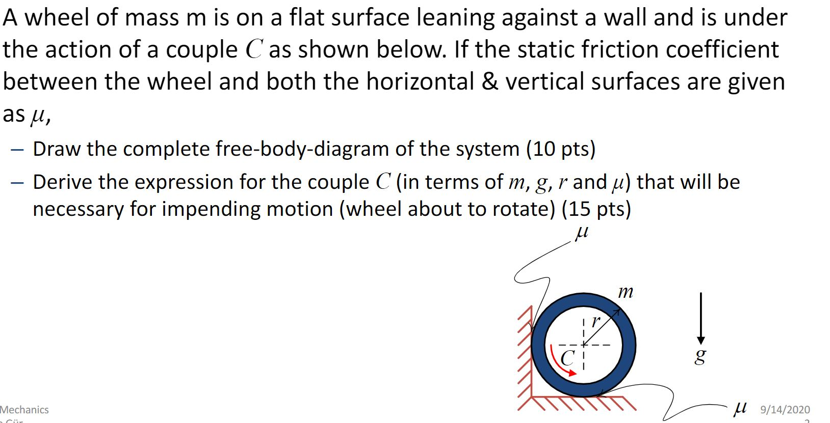 Solved A wheel of mass m is on a flat surface leaning | Chegg.com