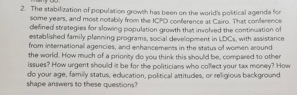 Solved 2. The stabilization of population growth has been on | Chegg.com