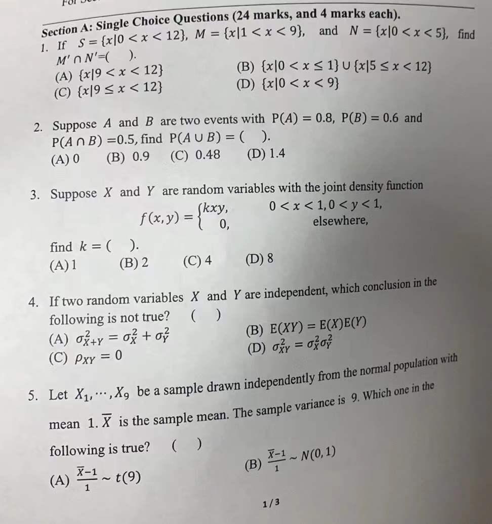 Solved Section A: Single Choice Questions (24 marks, and 4 | Chegg.com