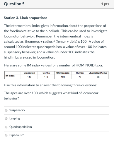 Solved Question 5 1 pts Station 3. Limb proportions The | Chegg.com