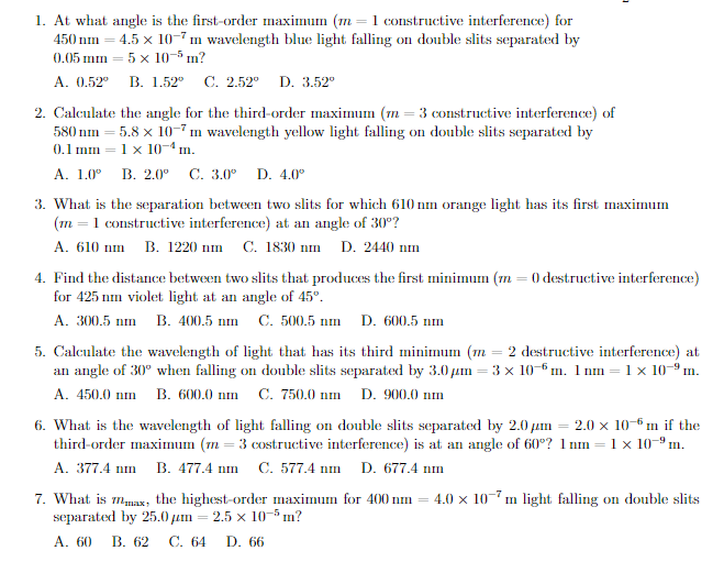 Solved 1. At what angle is the first-order maximum (m= 1 | Chegg.com