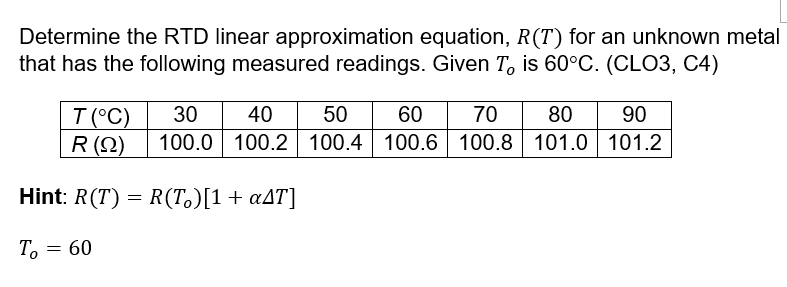Solved Determine the RTD linear approximation equation, R(T) | Chegg.com