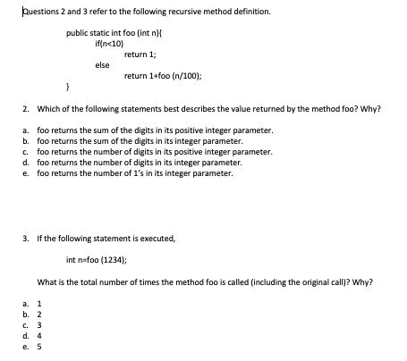 Solved Questions 2 and 3 refer to the following recursive | Chegg.com