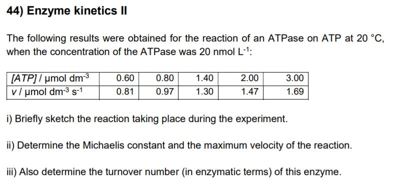 Solved 44) Enzyme kinetics II The following results were | Chegg.com