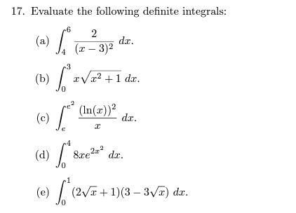 Solved 17. Evaluate the following definite integrals: (a) | Chegg.com