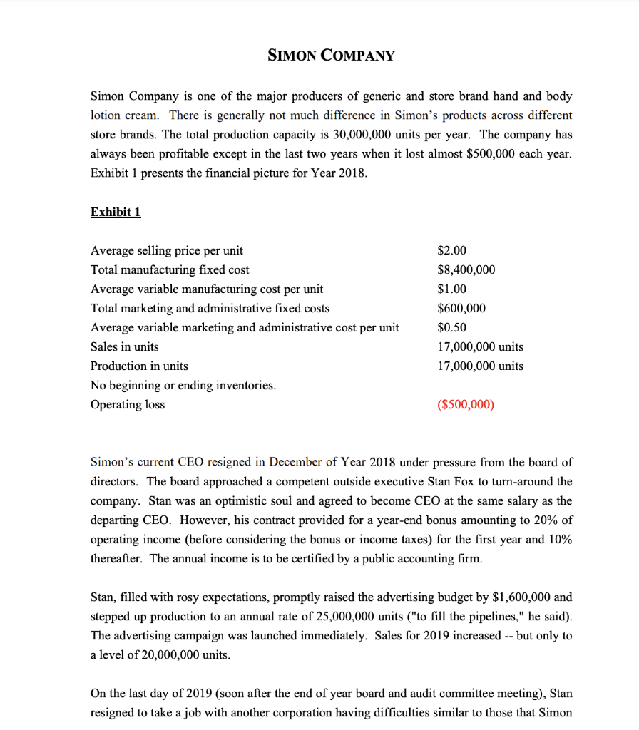 Solved SIMON COMPANY Simon Company is one of the major | Chegg.com