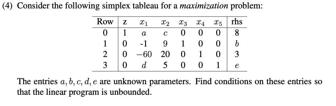 Solved (4) Consider the following simplex tableau for a | Chegg.com