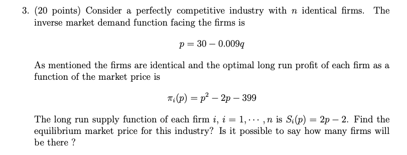 Solved 3. (20 points) Consider a perfectly competitive | Chegg.com