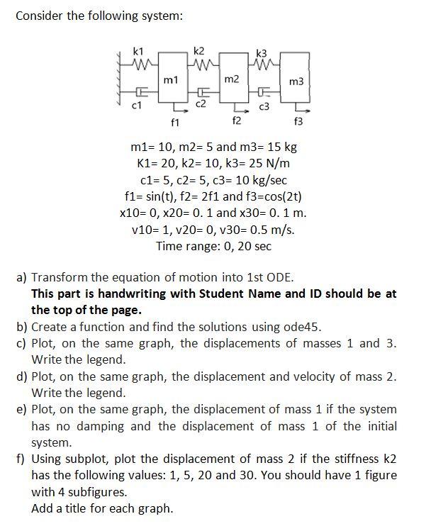 Solved Consider the following system: k1 k2 W k3 m1 m2 m3 E | Chegg.com