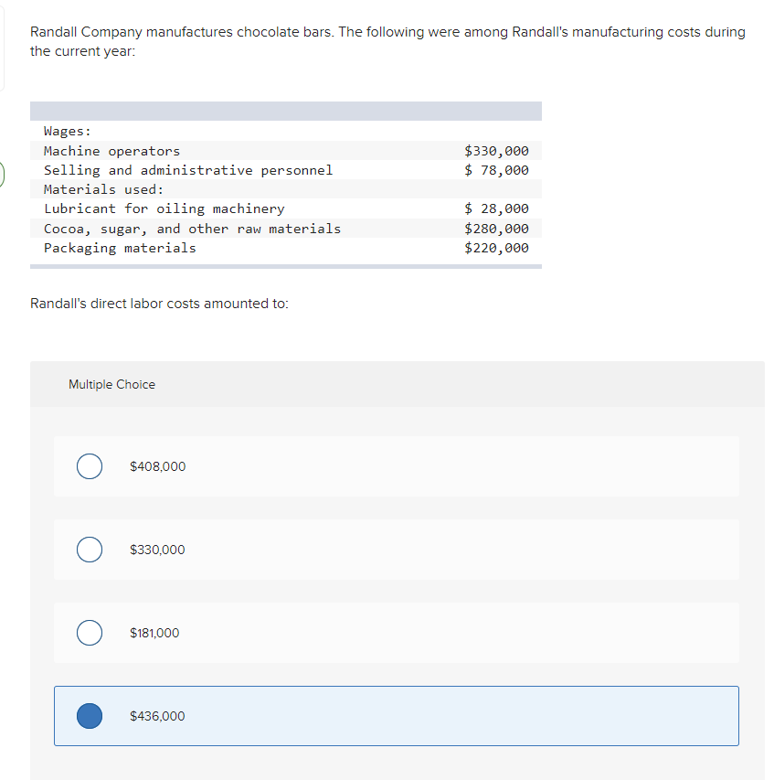 Solved Randall Company manufactures chocolate bars. The | Chegg.com