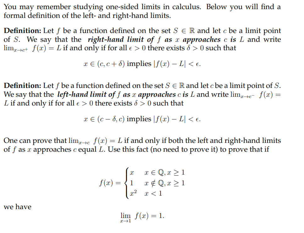 Solved You may remember studying one-sided limits in | Chegg.com