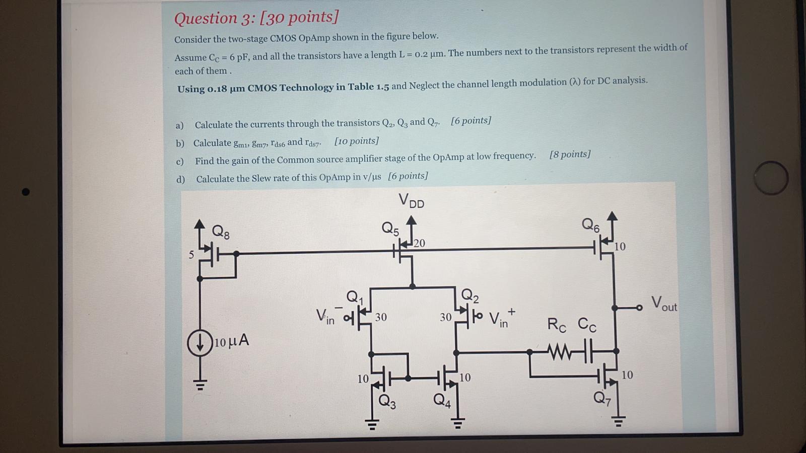 Solved Question 3: [30 points] Consider the two-stage CMOS | Chegg.com