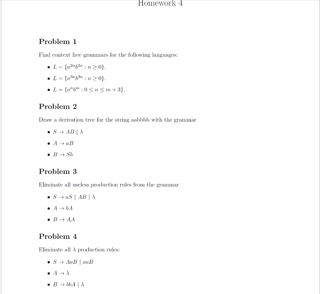 Solved Homework 4 Problem 1 Find context free grammars for | Chegg.com