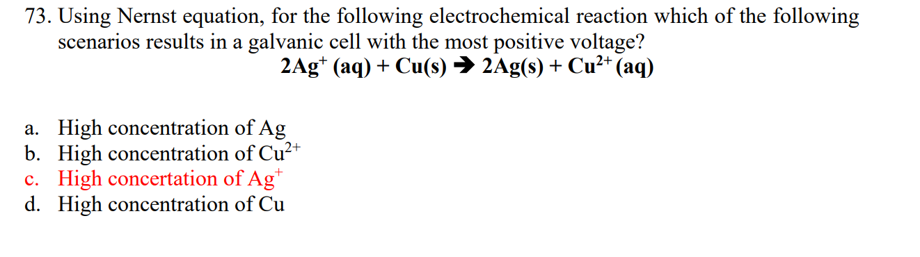 73. Using Nernst equation, for the following | Chegg.com