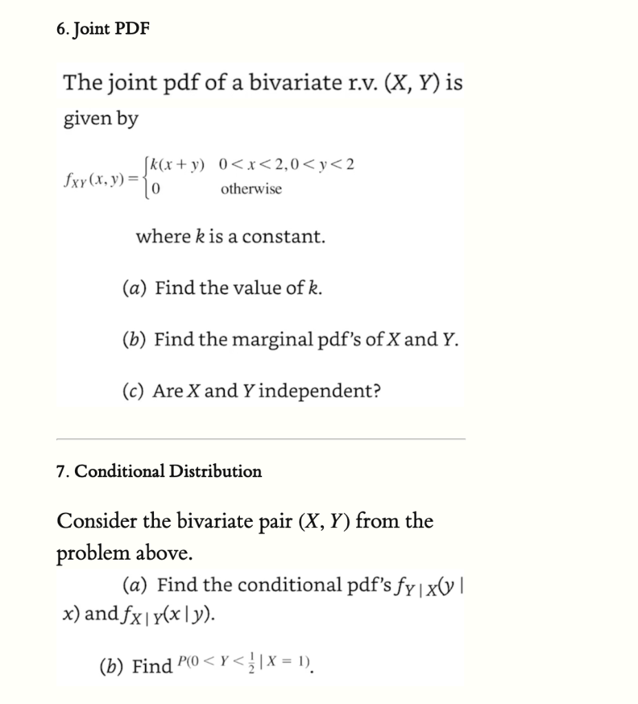 Solved The joint pdf of a bivariate r.v. (X,Y) is given by | Chegg.com