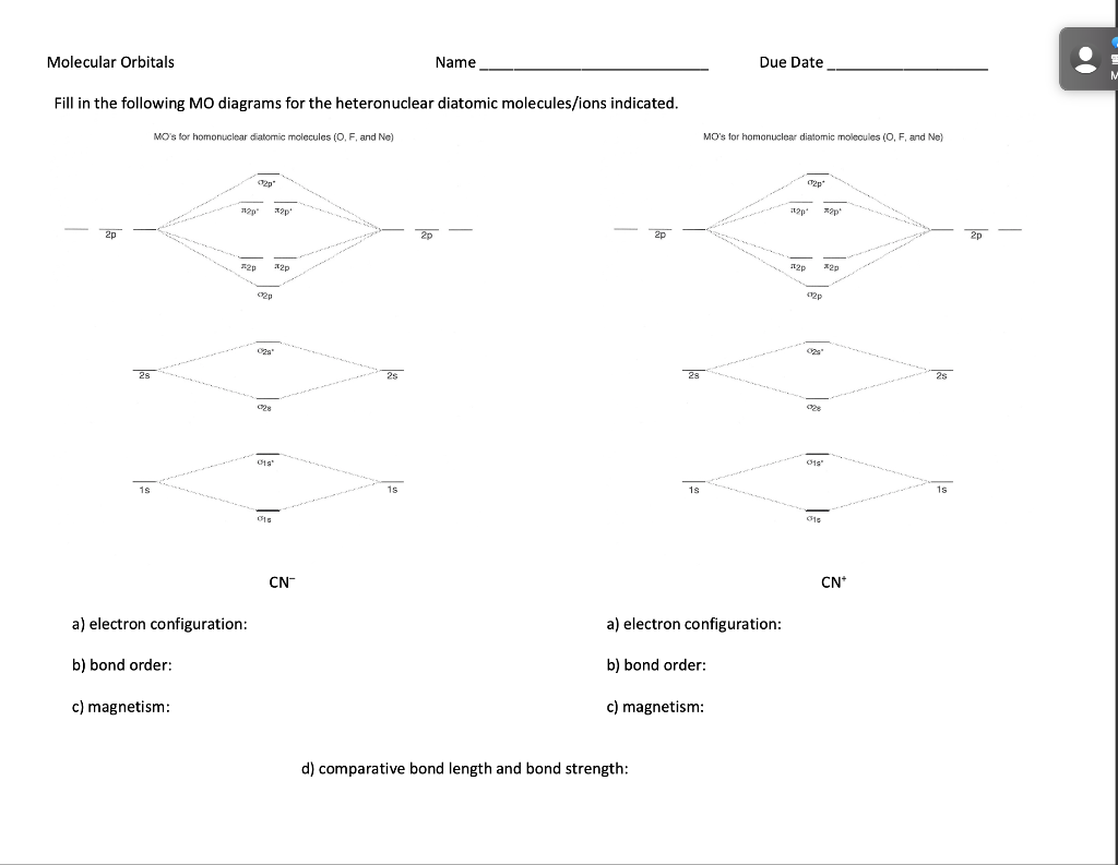 Solved Molecular Orbitals Name Due Date Fill in the | Chegg.com