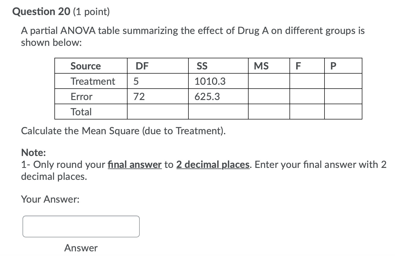 Solved Question 20 (1 point) A partial ANOVA table | Chegg.com