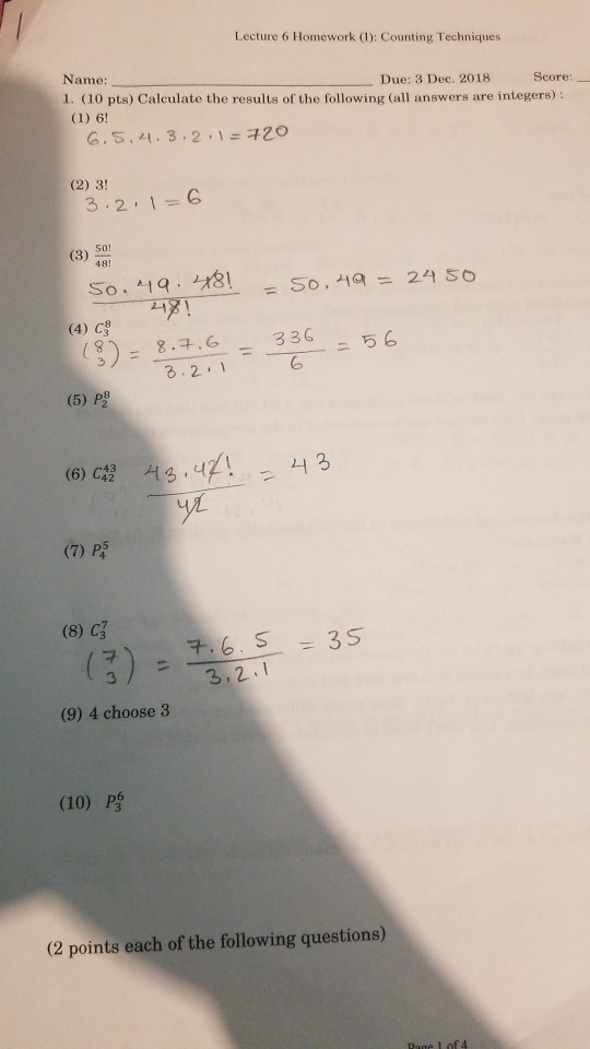 Solved Lecture 6 Homework (): Counting Techniques Name: Due: | Chegg.com