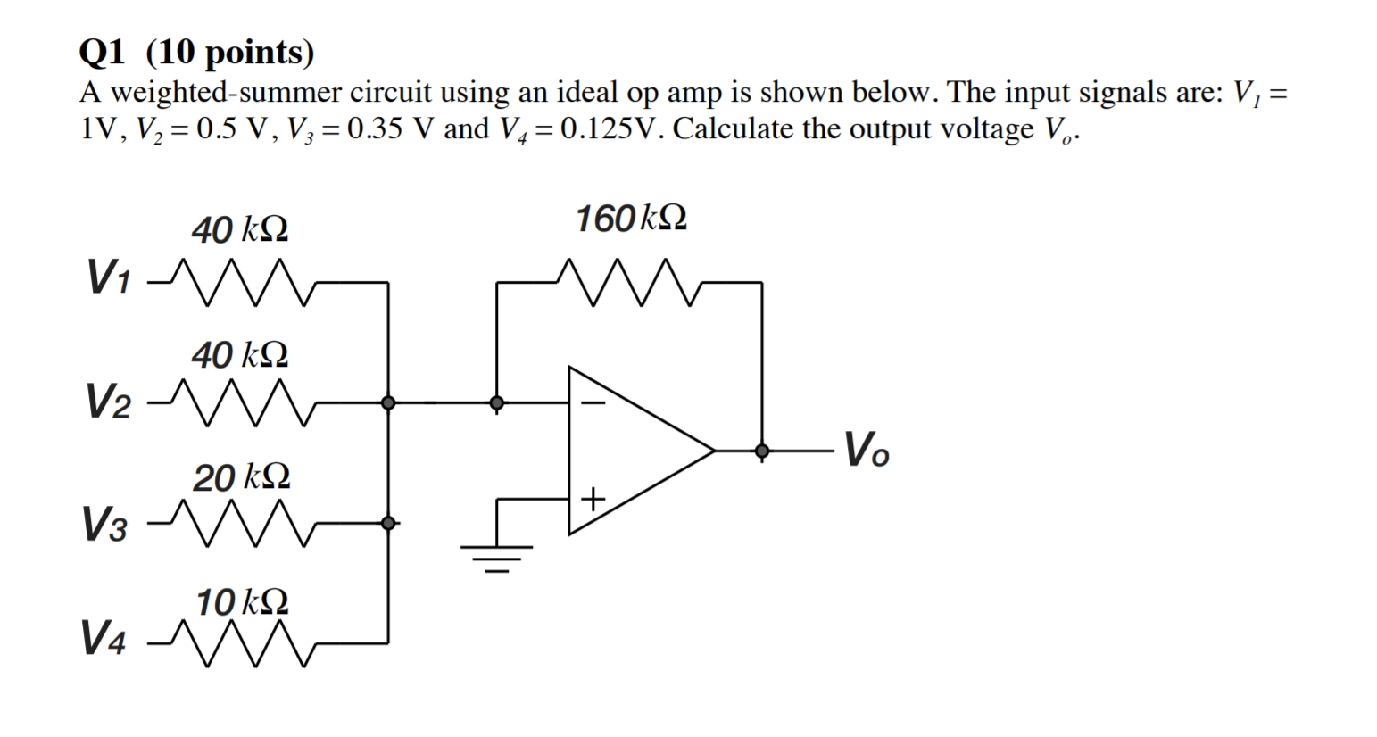 Solved Q1 (10 points) A weighted-summer circuit using an | Chegg.com