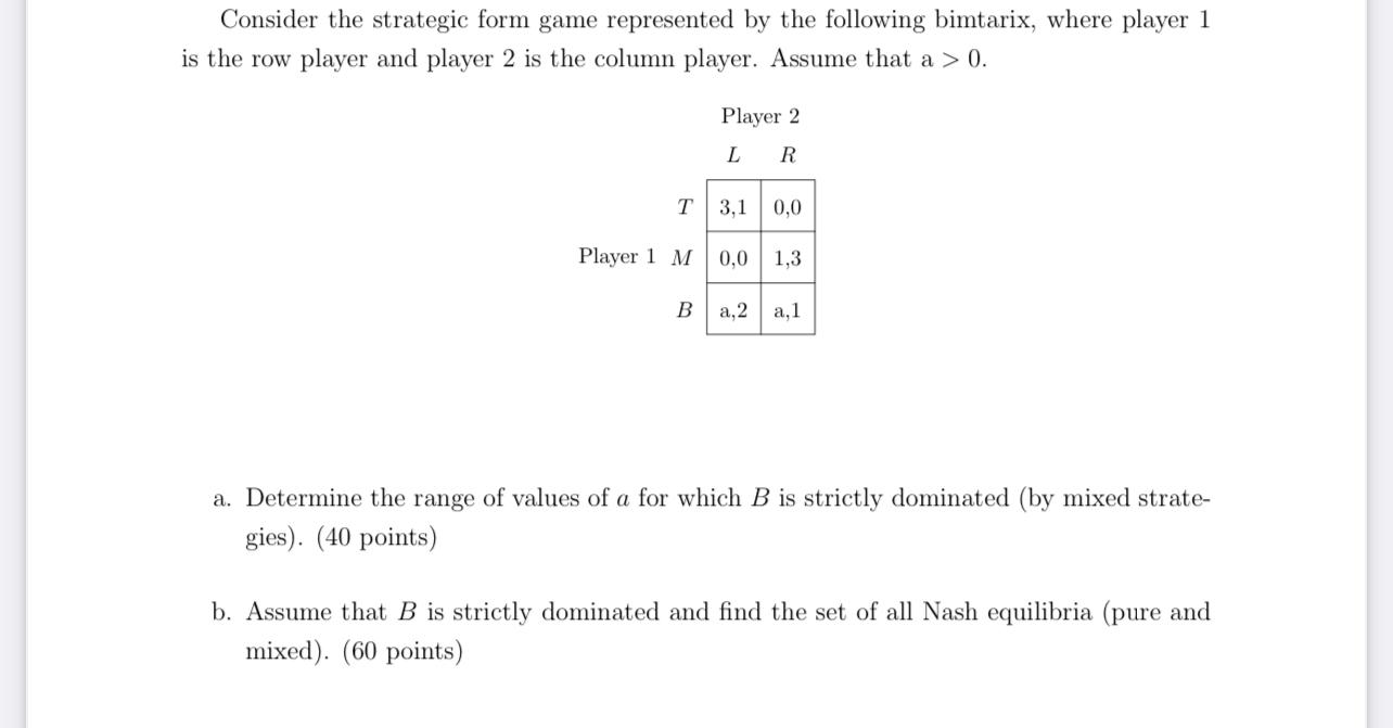 Solved Consider the strategic form game represented by the | Chegg.com