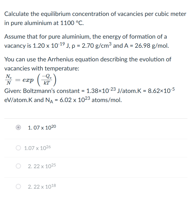 Solved Calculate the equilibrium concentration of vacancies | Chegg.com