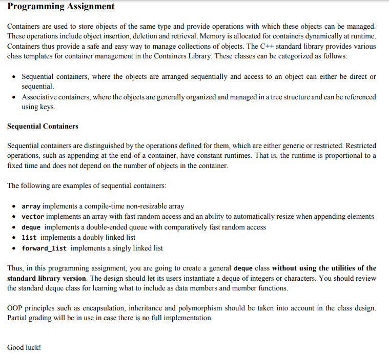 Solved Programming Assignment Containers are used to store | Chegg.com