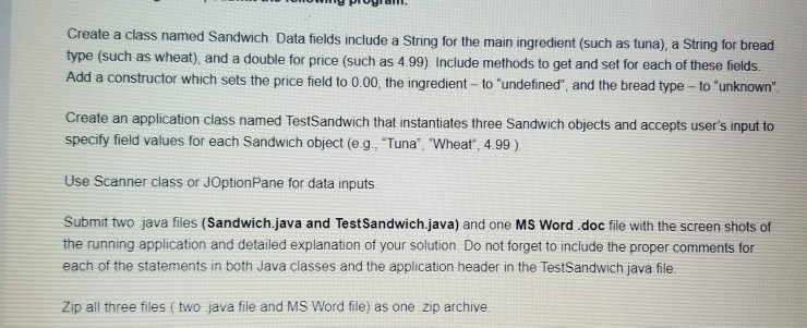 Solved - -- Typy ul. Create a class named Sandwich Data | Chegg.com