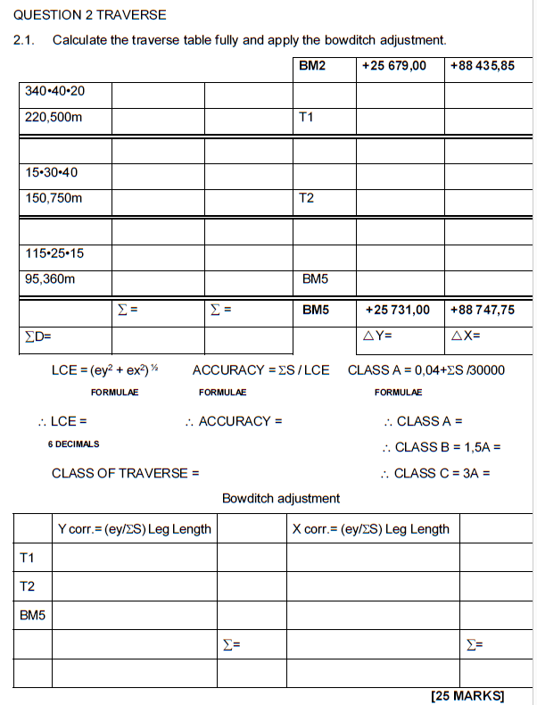 Solved QUESTION 2 TRAVERSE 2.1. Calculate the traverse table | Chegg.com