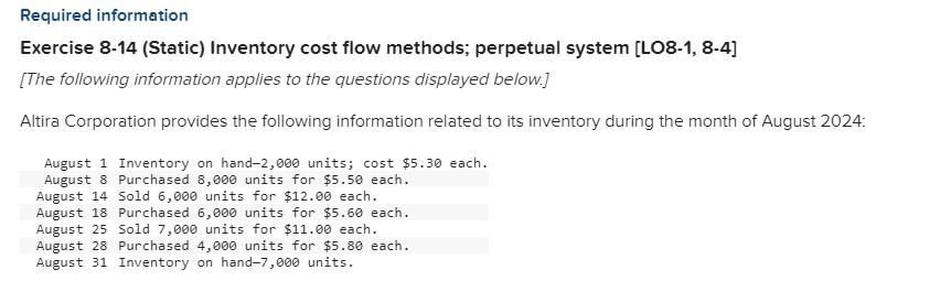 Solved Exercise 8-14 (Static) Inventory cost flow methods; | Chegg.com