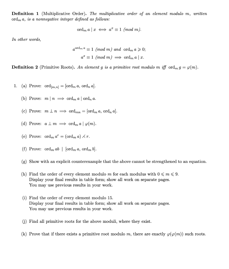 Solved Definition 1 (Multiplicative Order). The | Chegg.com