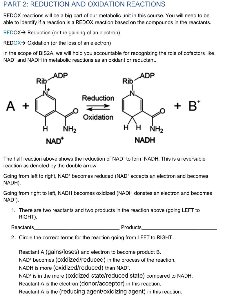 Solved PART 2: REDUCTION AND OXIDATION REACTIONS REDOX | Chegg.com