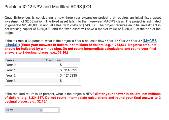 Solved Problem 10-12 NPV and Modified ACRS [LO1] Quad | Chegg.com