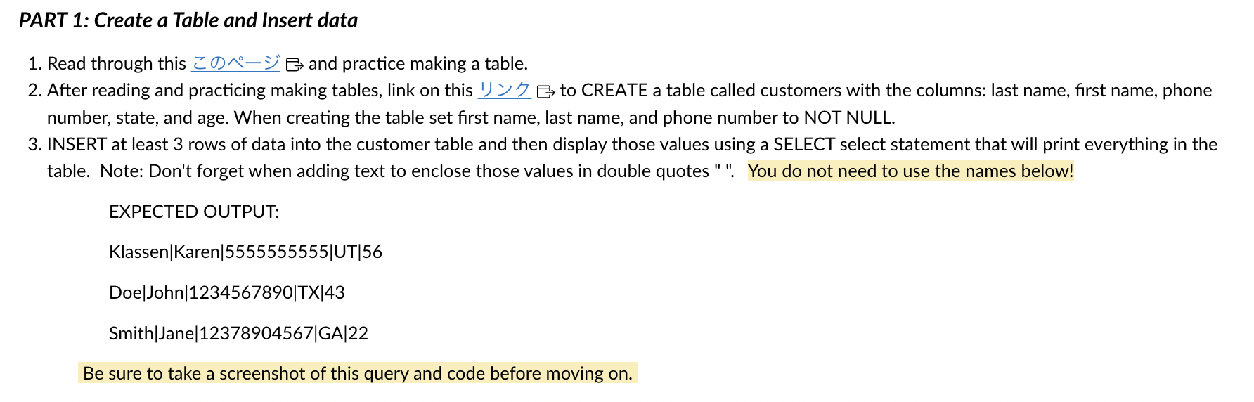 Solved PART 1: Create a Table and Insert data 1. Read | Chegg.com
